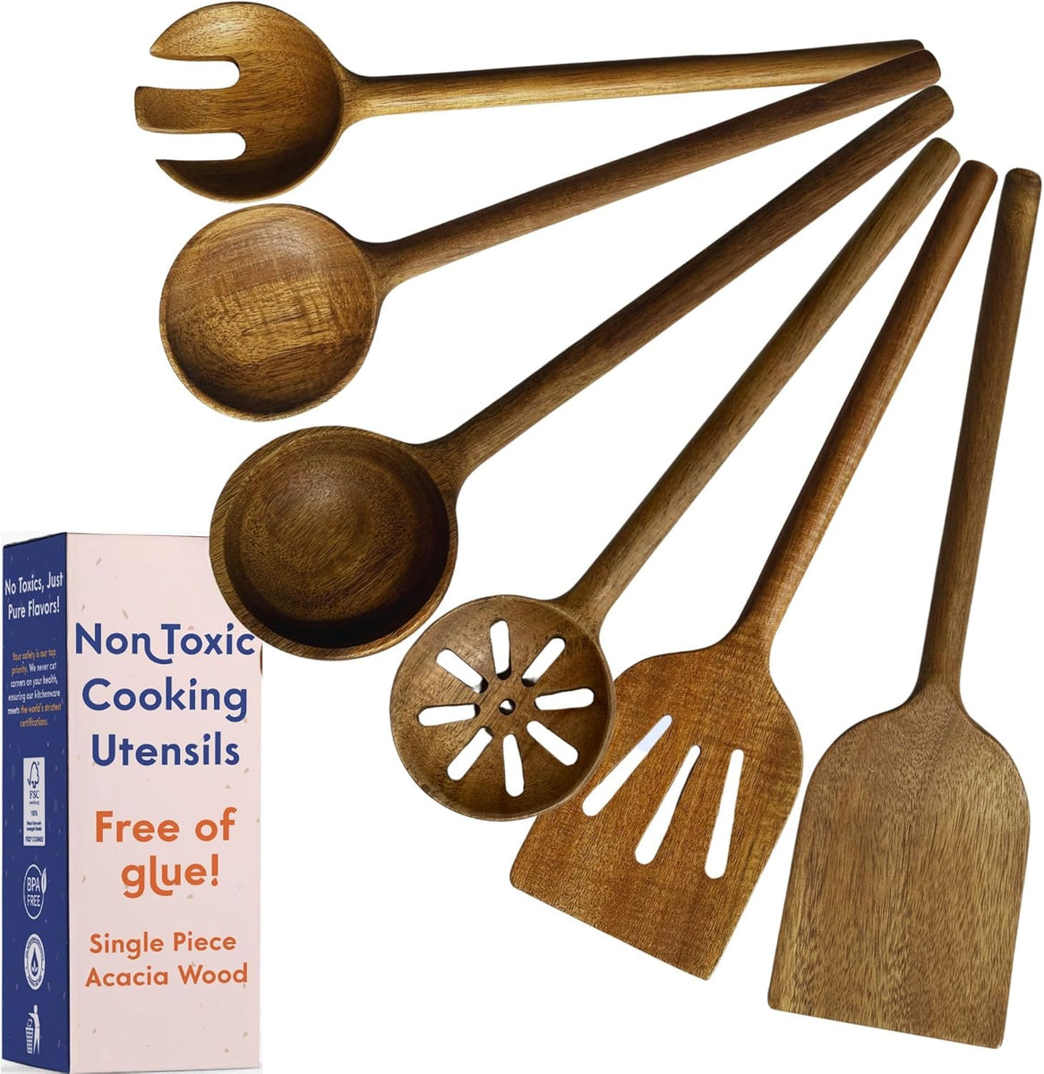 Non-Toxic Cooking Utensils 6-Piece, Glue-Free & One-Piece Wooden Spoon ...